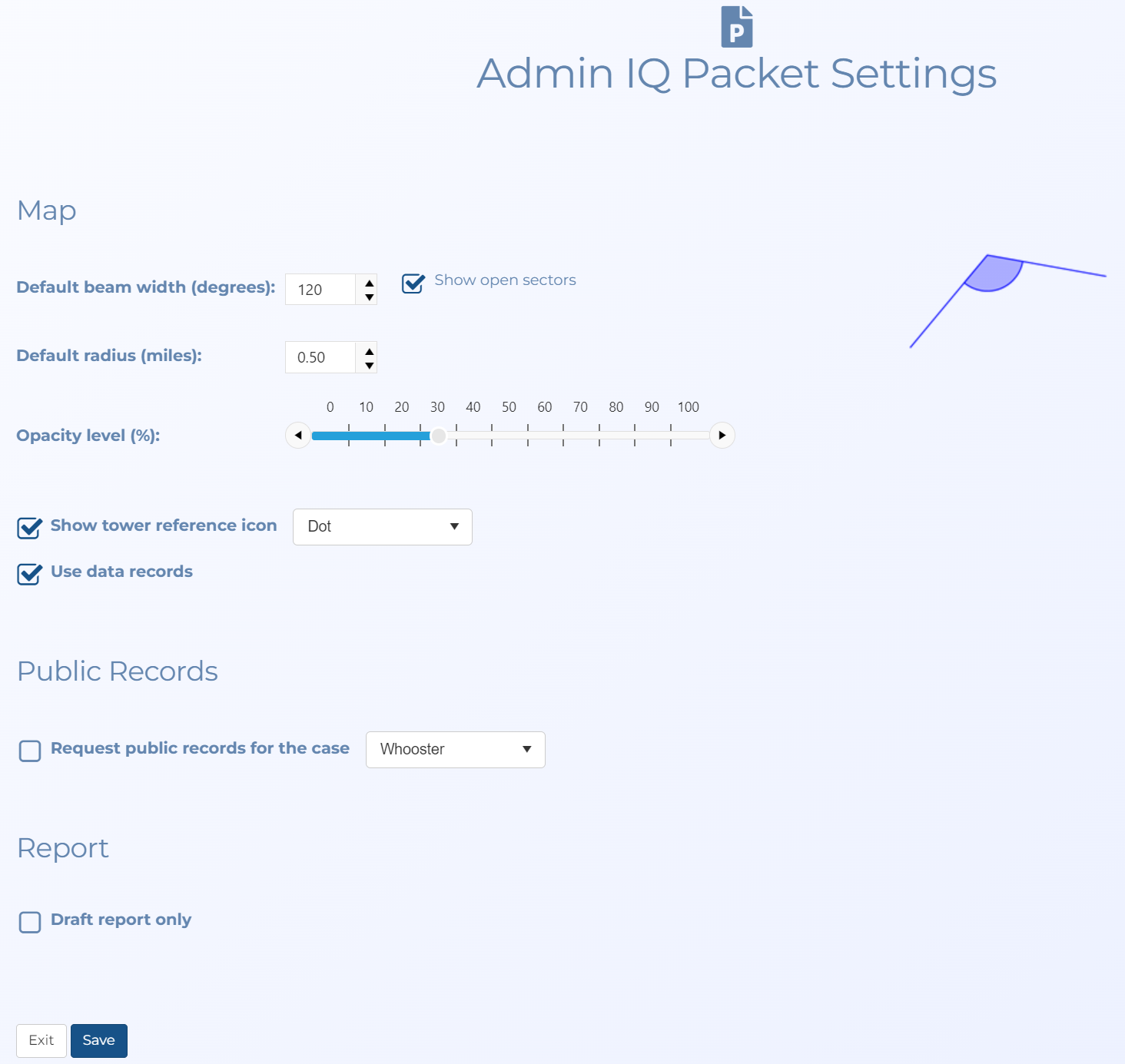 Configuring the default IQ packet settings